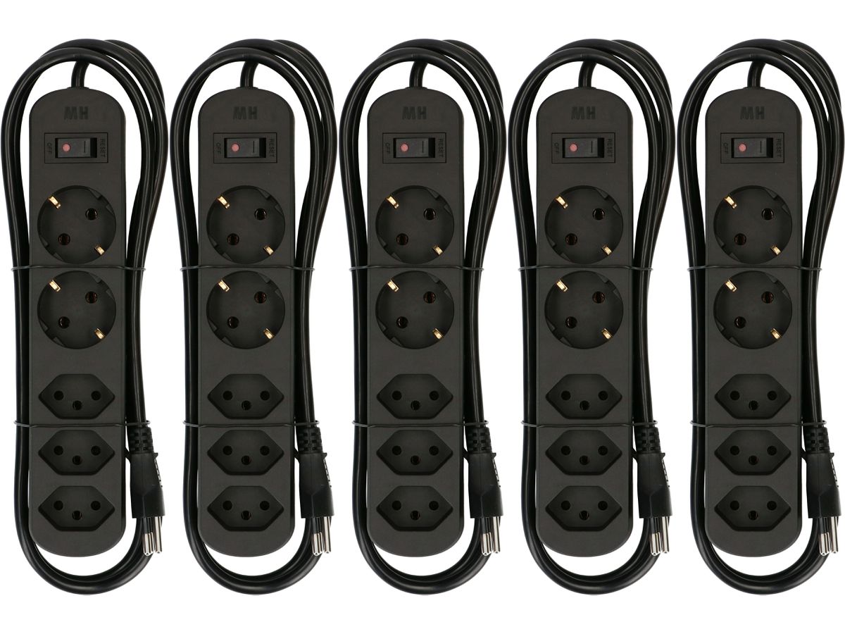 5er Set Steckdose. Basic Line 3x Typ 13 / 2x Schuko sw Scha. 1.5m - MAX ...
